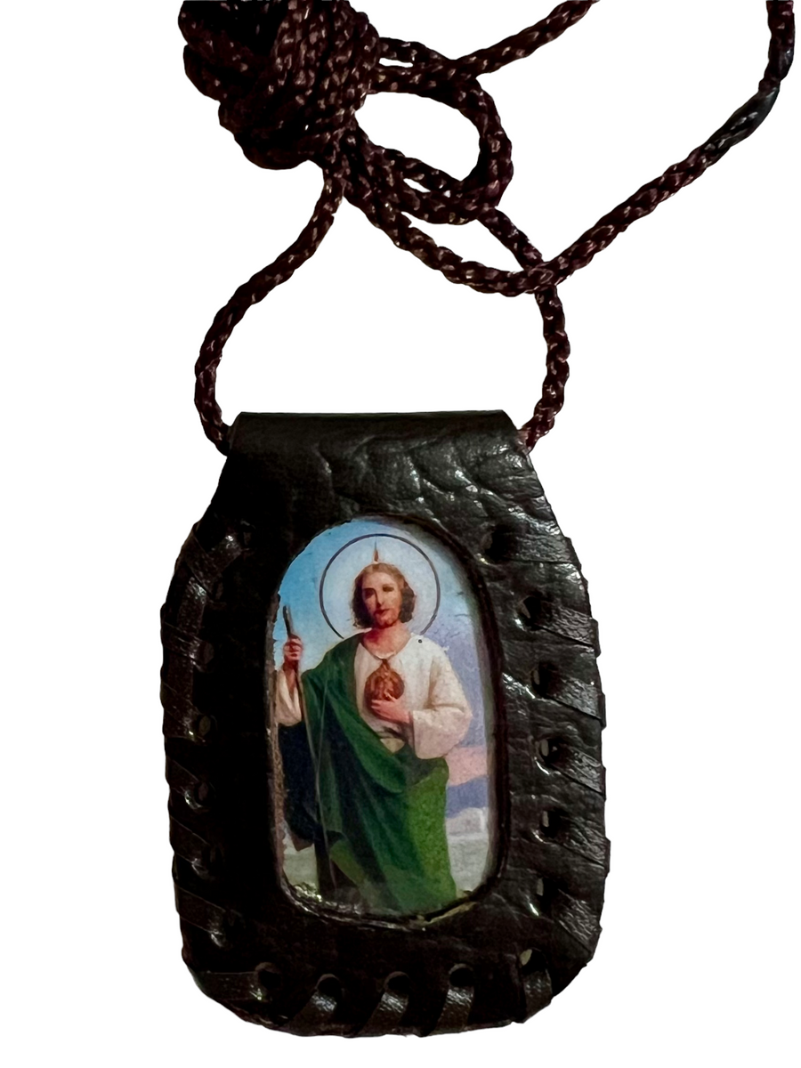 St Jude Guadalupe and Malverde Scapular Leather Necklace Rosarios Y Mas
