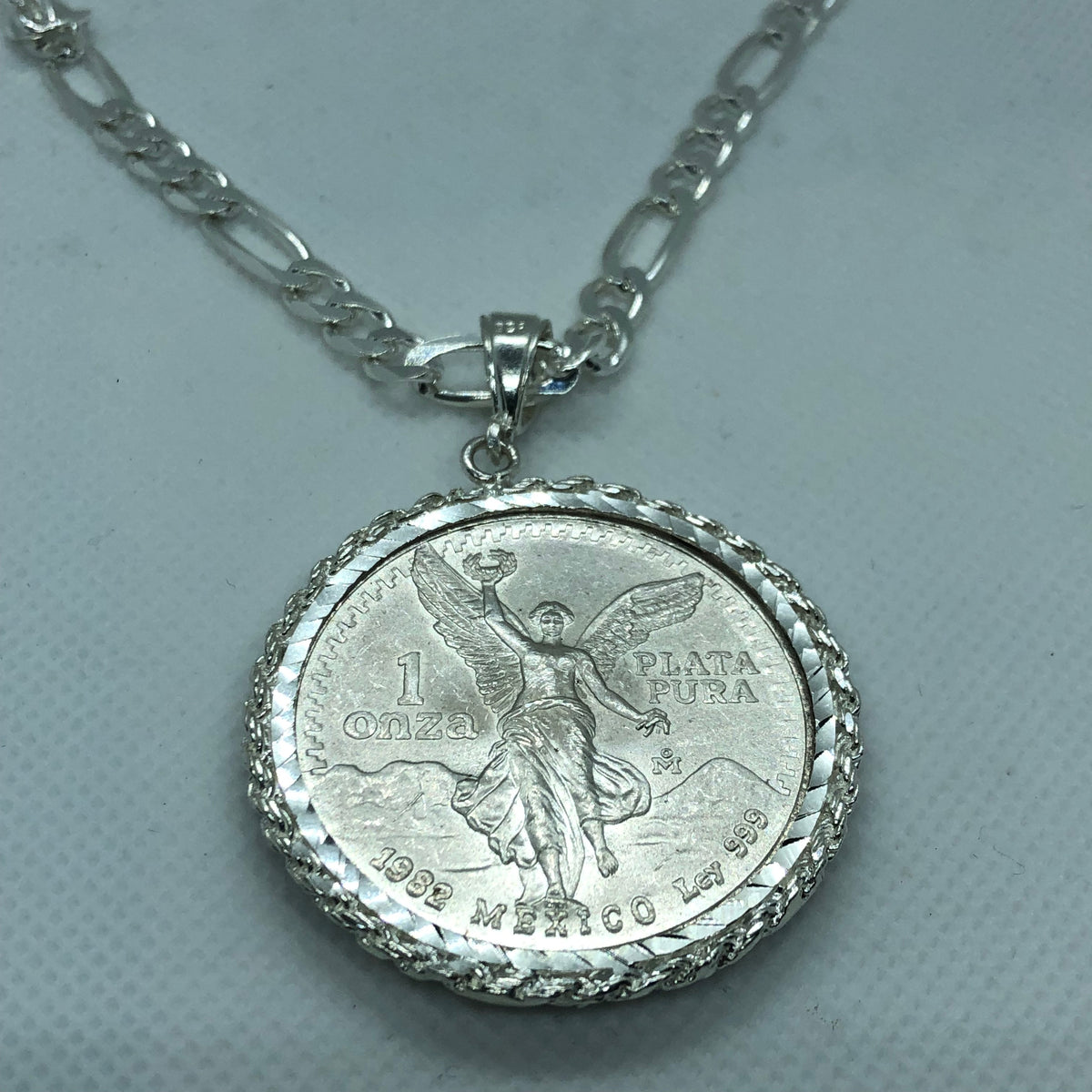 Centenario with 20” Figaro Necklace (.925 PURE SILVER) – Rosarios Y Mas